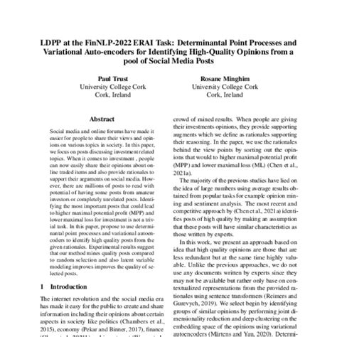 Ldpp At The Finnlp 2022 Erai Task Determinantal Point Processes And Variational Auto Encoders