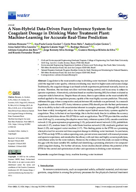 Pdf A Non Hybrid Data Driven Fuzzy Inference System For Coagulant Dosage In Drinking Water