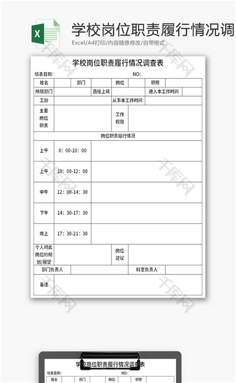 学校岗位职责履行情况调查表excel模板千库网excelid：162624