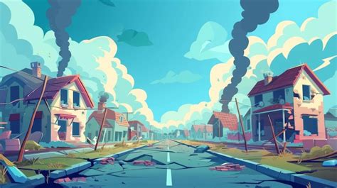 Una Ilustración Moderna De Dibujos Animados De Edificios Abandonados Rotos La Carretera Se Ha