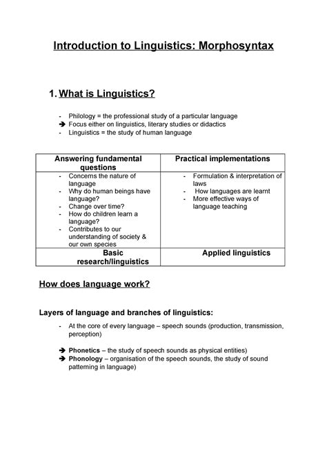 Linguistics I Summary Introduction To Linguistics Morphosyntax What Is Linguistics