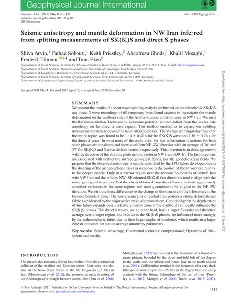 Pdf Seismic Anisotropy And Mantle Deformation In Nw Iran Inferred
