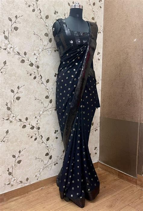 Party Wear Embroidery Ladies Black Embroidered Silk Sarees 63 M With