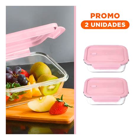 Pack2 Caja Hermetica De Vidrio 410 Ml Con Tapa Firme Rosado Hogar