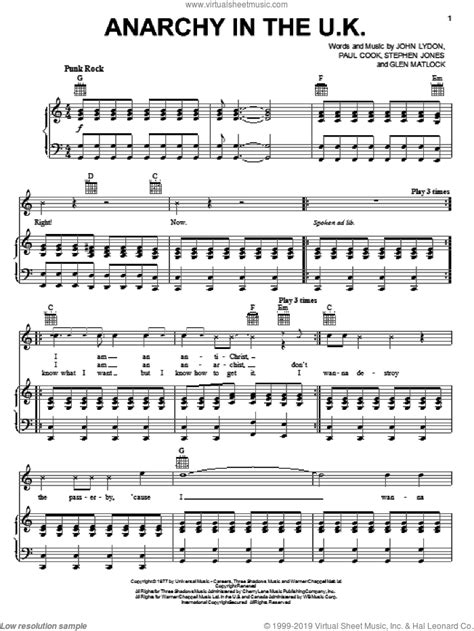 Anarchy In The Uk Sheet Music For Voice Piano Or Guitar Pdf