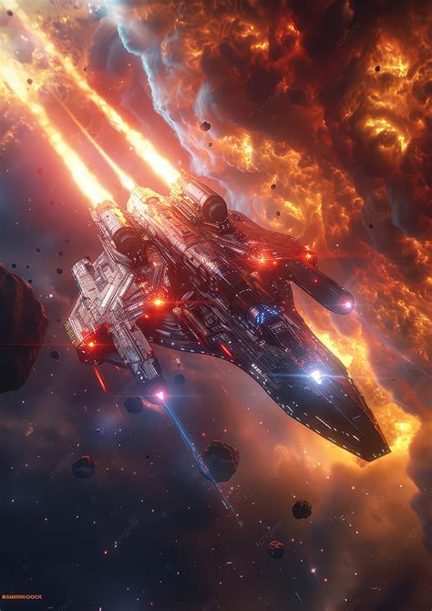 A Futuristic Spacecraft Navigating Through Vibrant Cosmic Scene With Fiery Trails Background