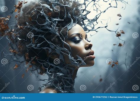 Female With Empty Tree Branches Sprouting From Her Head Symbolizing A Metaphor For