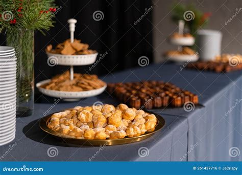 Banquet Table Full Of Snacks Tasty Appetizers Served For People Stock