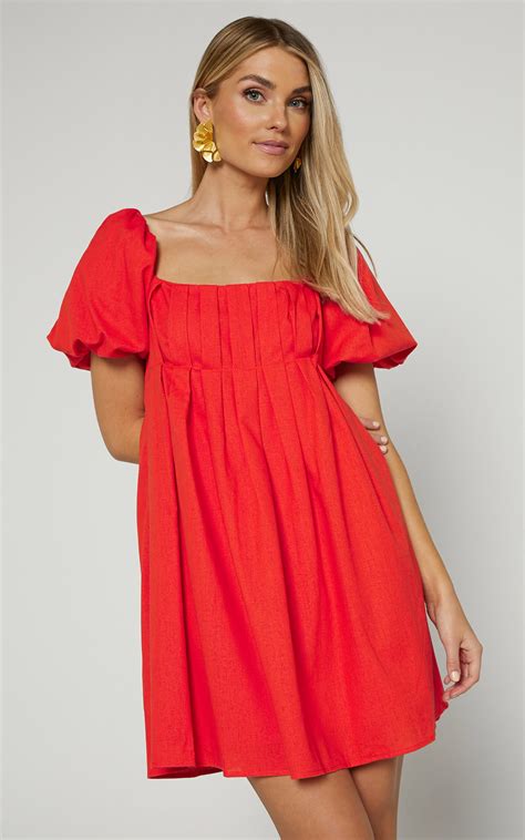 Angelica Mini Dress Linen Look Puff Sleeves Dress In Red Orange Showpo