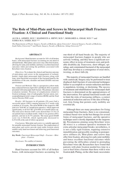 Pdf The Role Of Mini Plate And Screws In Metacarpal Shaft Fracture Fixation A Clinical And