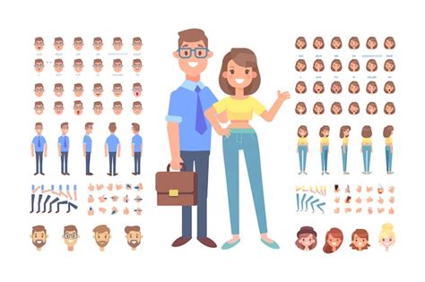 애니메이션에 대 한 남자와 여자 전면 후면 보기 평면 벡터 캐릭터 프리미엄 벡터