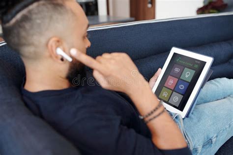 Man Using Smart Home App Stock Photo Image Of Interface