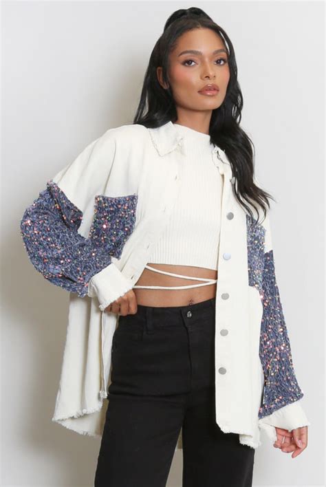 Sequin Sleeve Denim Shacket Buy Fashion Wholesale In The Uk