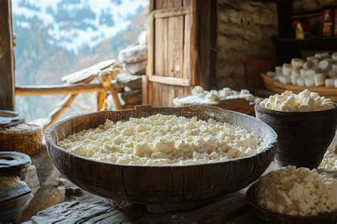 Traditional Circassian Cheese Making Process In A Rustic Setting Stock