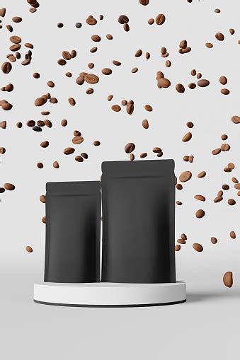 블랙 파우치 백 모형 떨어지는 커피 원두 매트 연단 화이트 배경 3d 렌더링 상품 광고 포장 가방에 대한 스톡 사진 및 기타 이미지 Istock