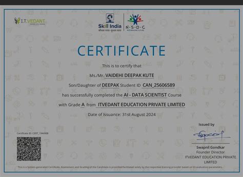 Completed Ai Data Scientist Course At Itvedant Vaidehi Deepak Kute