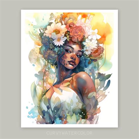 Beautiful Black Curvy Woman In Flower Crown Watercolor Art Inspire