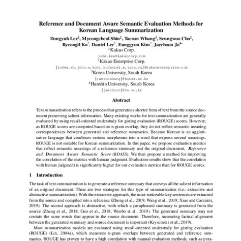 Reference And Document Aware Semantic Evaluation Methods For Korean Language Summarization Acl
