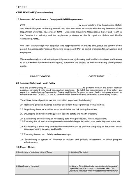 Cshp Template Commercial Pdf Occupational Safety And Health