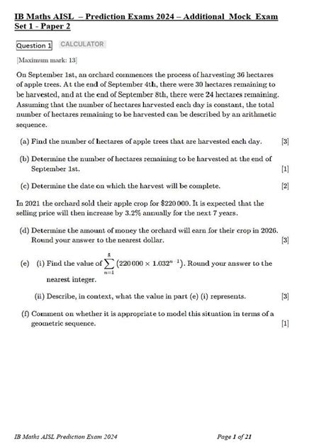 Ib Maths Aisl Prediction Exams 2024 Additional Mock Exam Set 1 Paper 2 Q N A Pdf