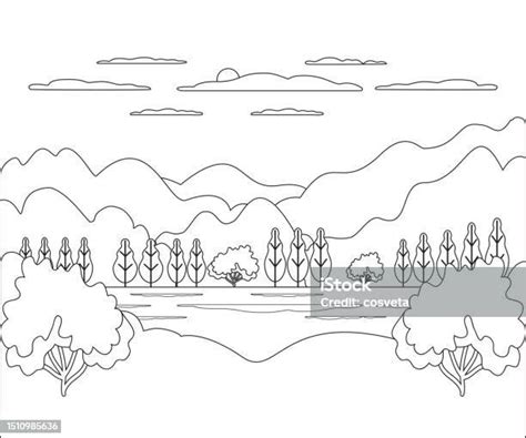 풍경 만화 벡터 그림입니다 자연 산 언덕 나무 하늘 구름 태양이 있는 그래픽 디자인 파노라마 시골 스타일의 추상적인 배경 가는 선 개념은 소셜 미디어 이야기 포스트를 위한