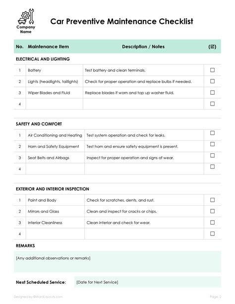 Free Car Preventive Maintenance Checklist Wordlayouts