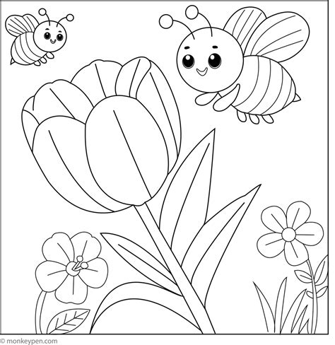 Tulips And Buzzing Bee Free Coloring Pages