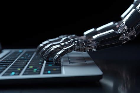 futuristic robot hand typing and working with laptop keyboard