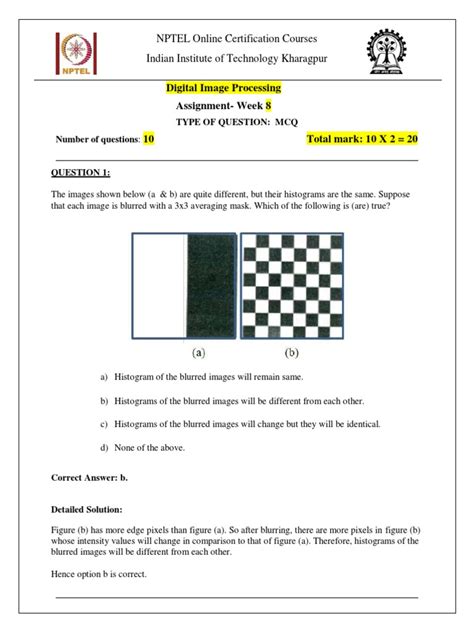 Nptel Digital Image Processing Mcq Assignment Pdf Vision Graphics