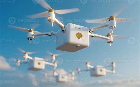 Fleet Of Autonomous Delivery Drones Operating In Clear Blue Sky Above Urban Landscape 59993079