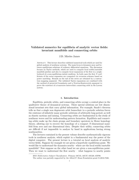 PDF Validated Numerics For Equilibria Of Analytic Vector Fields Invariant Manifolds And