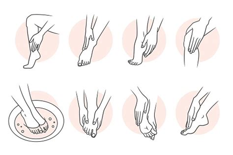 레그 크림 발 관리 아이콘입니다 스킨케어 화장품을 사용한 바디 마사지 정강이와 무릎을 만지는 여자 모이스처라이저를 바르는 소녀 페디큐어 목욕 미용 절차 벡터 일러스트레이션