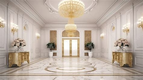 무료 절묘한 벽 장식을 갖춘 고급 호텔 리셉션 홀의 멋진 3d 렌더링 Ppt 배경 Slidesdocs