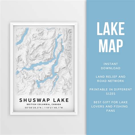 Printable Map Of Shuswap Lake British Columbia Canada Instant Download Lake Map Map