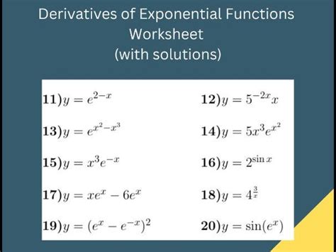 Derivatives Of Exponential Functions Worksheet With Solutions Teaching Resources
