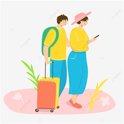 봄 일러스트 나들이 그림에서 여행 가방을 들고 몇 여행 가방 연인 봄 나들이 일러스트 Png 일러스트 및 Psd 이미지 무료 다운로드 Pngtree