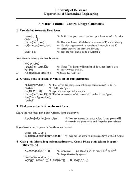 A Matlab Tutorial Control Design Commands Meeg 311 Docsity