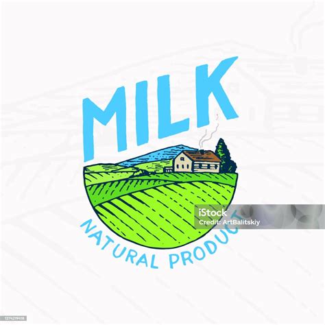 우유 초원 농장 농촌 풍경 상점을위한 빈티지 로고 티셔츠 배지 손으로 그린 조각 스케치 벡터 일러스트레이션 0명에 대한 스톡