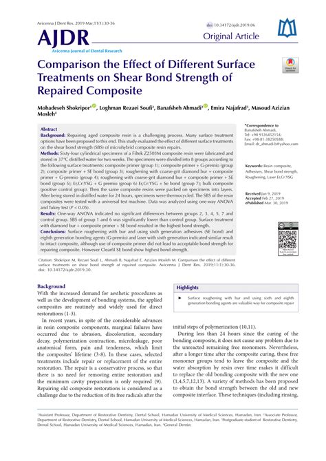 Pdf Comparison The Effect Of Different Surface Treatments On Shear Bond Strength Of Repaired