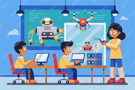 Premium Vector Students Programming Swarm Robotics In Robotics Lab