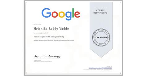 Completion Certificate For Data Analysis With R Programming Hrishika