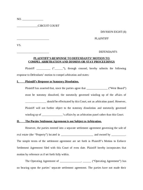 Plaintiffs Response To Motion To Compel Arbitration Blank Fillable