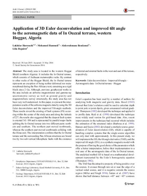 Pdf Application Of 3d Euler Deconvolution And Improved Tilt Angle To The Aeromagnetic Data Of