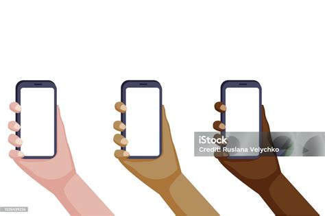 다른 피부 색텍스트에 대해 비어있는 흰색 배경에 검은 색 스마트 폰을 손으로 들고 설정하십시오 휴대 전화를 사용하는 인간 벡터 일러스트 플랫 만화 디자인 개념 인간 손에