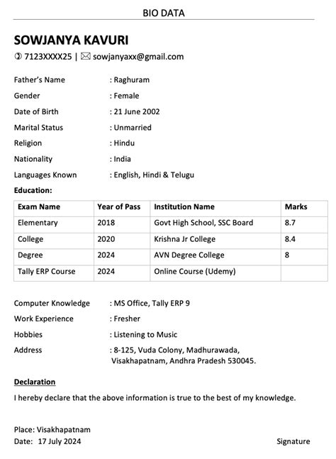 35 Simple Job Bio Data Formats Pdf Word Free Download Sample Biodata