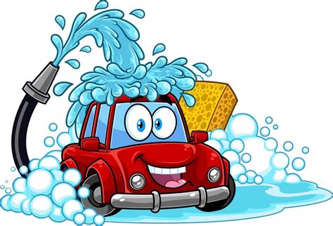 Automobile Cartoon Character Washing Itself Over Car Wash Vector Hand