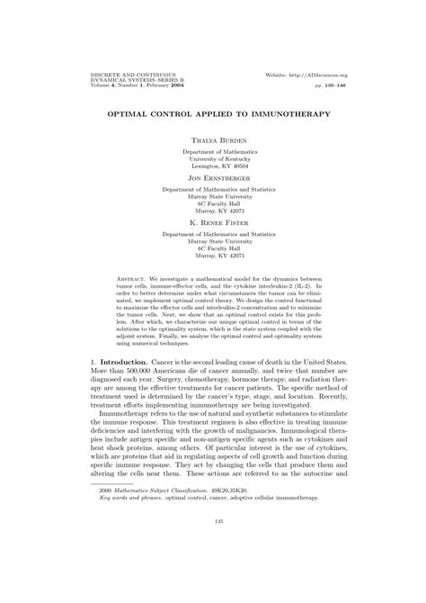 Pdf Optimal Control Applied To Immunotherapy