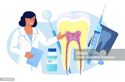 스토마토로지 치과 개념 체크 업 및 치료를위한 큰 치아와 전문 악기 치과 의사 약속 캐비티로 건강에 해로운 큰 치아를 치료하는 의사 치통 치과 장비에 대한 스톡 벡터 아트