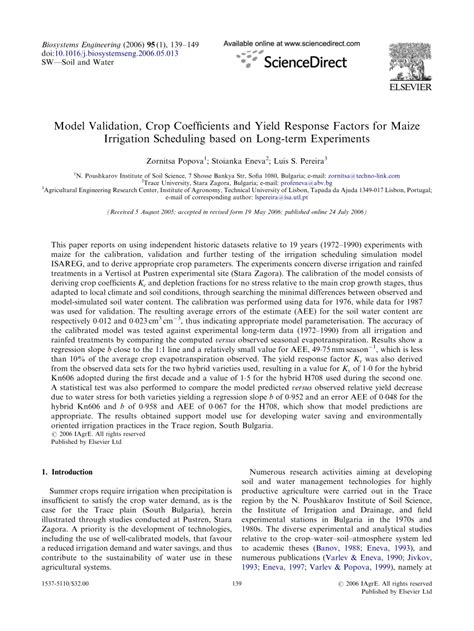 Pdf Isareg Model Validation And Crop Coefficients For Irrigation