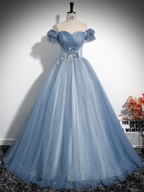 Elegante Himmelblau Perlenstickerei Spitze Blumen Perle Pailletten Ballkleider 2024 A Linie Off